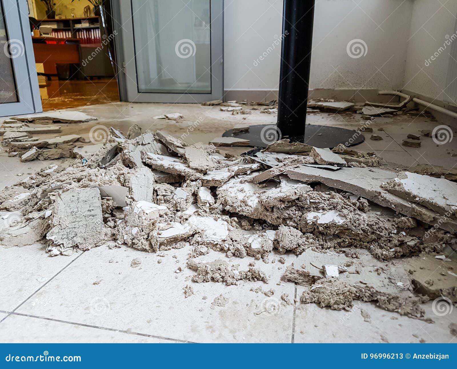 Collapsed Ceiling Panels on the Floor. Stock Image - Image of ...