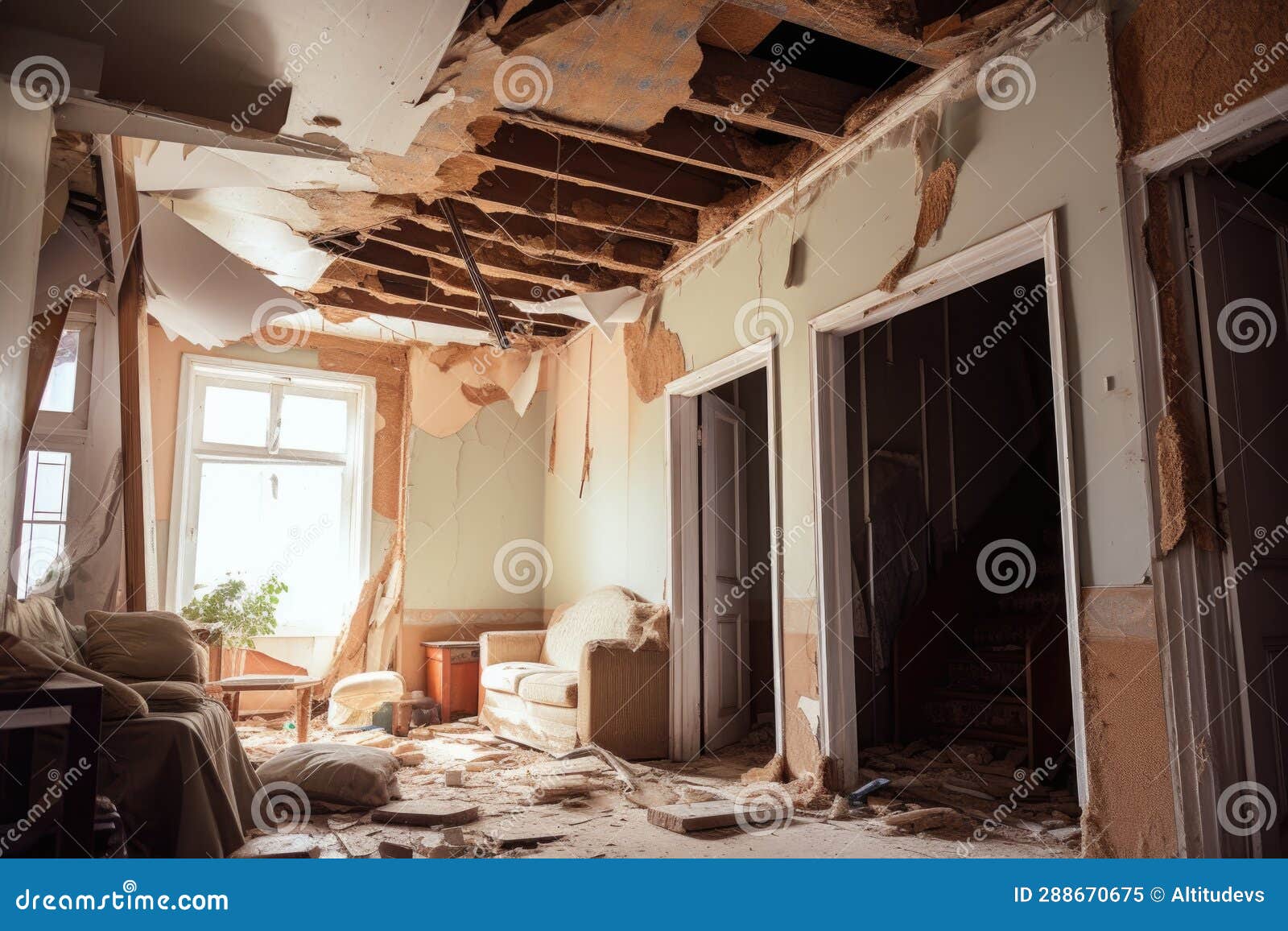 Collapsed Ceiling Section Due To Water Damage Stock Image - Image of ...