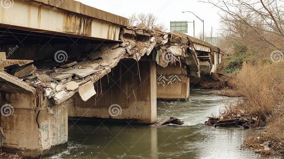 Collapsed Concrete Bridge Over River with Debris Stock Illustration ...