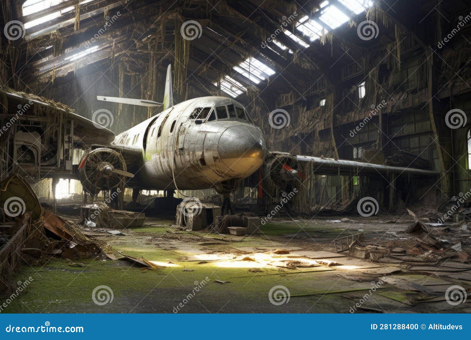 Collapsed Hangar with Broken Aircraft Remains Stock Illustration ...