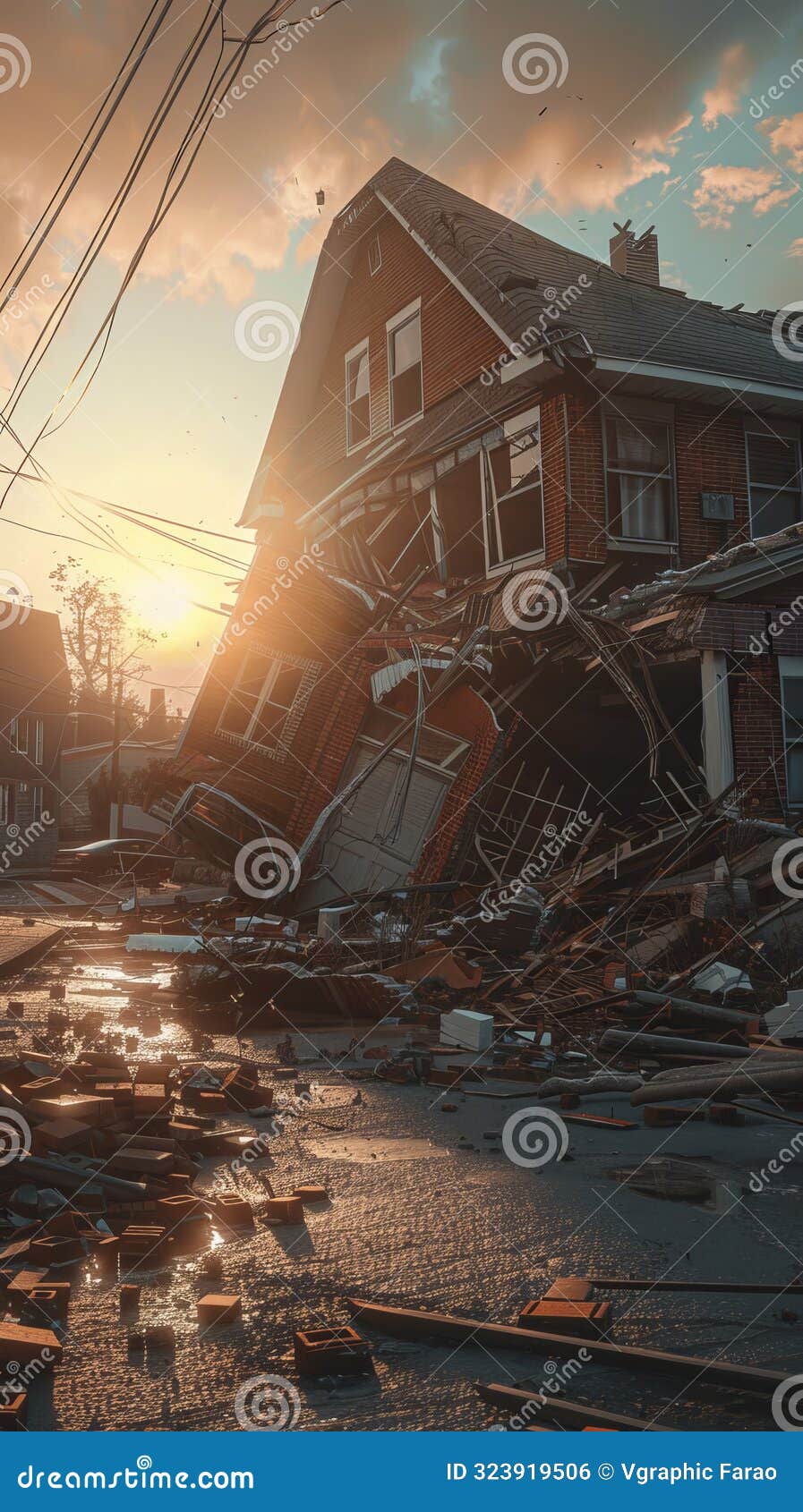 Collapsed House after a Disaster during Sunset, Urban Devastation ...