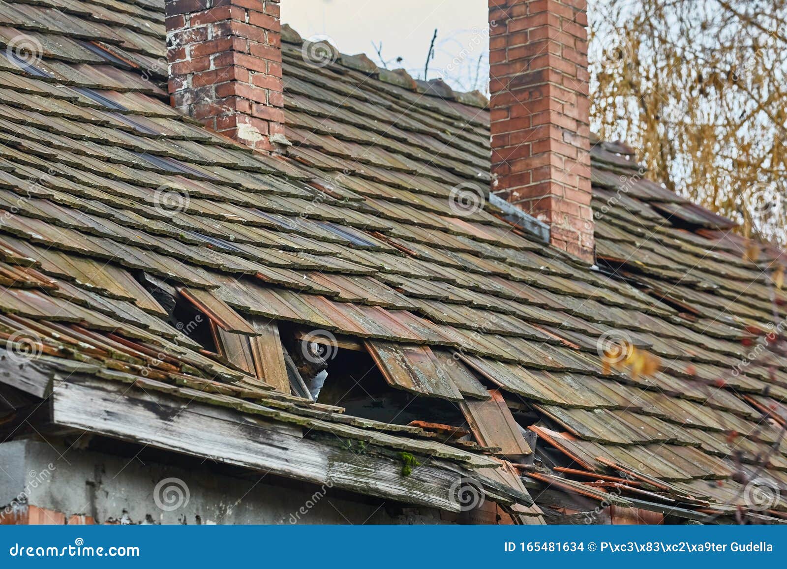 Collapsed House Roof stock photo. Image of destroyed - 165481634