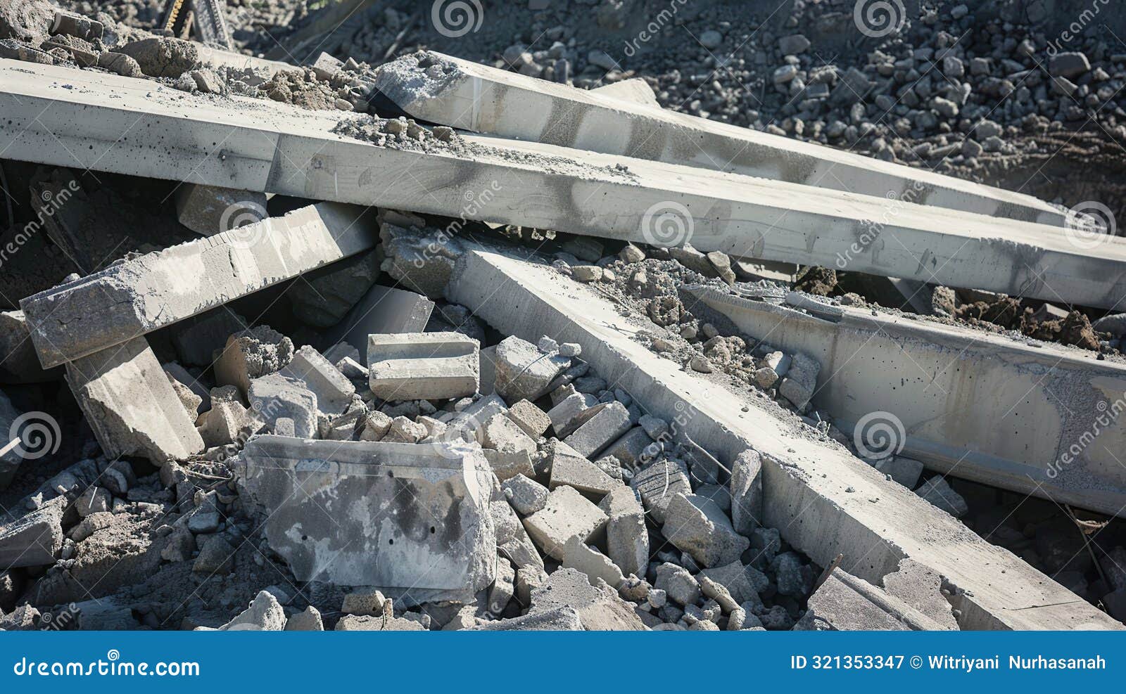 Collapsed Infrastructure, Pile of Gray Concrete Fragments and Support ...