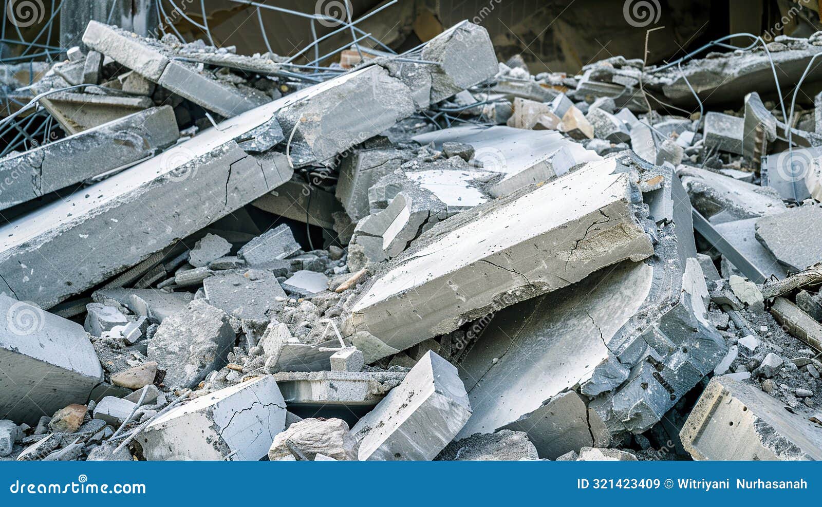 Collapsed Infrastructure, Pile of Gray Concrete Fragments and Support ...