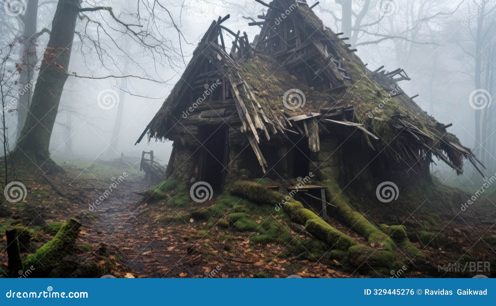 Collapsed Medieval Hermits Hut in Misty Forest Stock Illustration ...