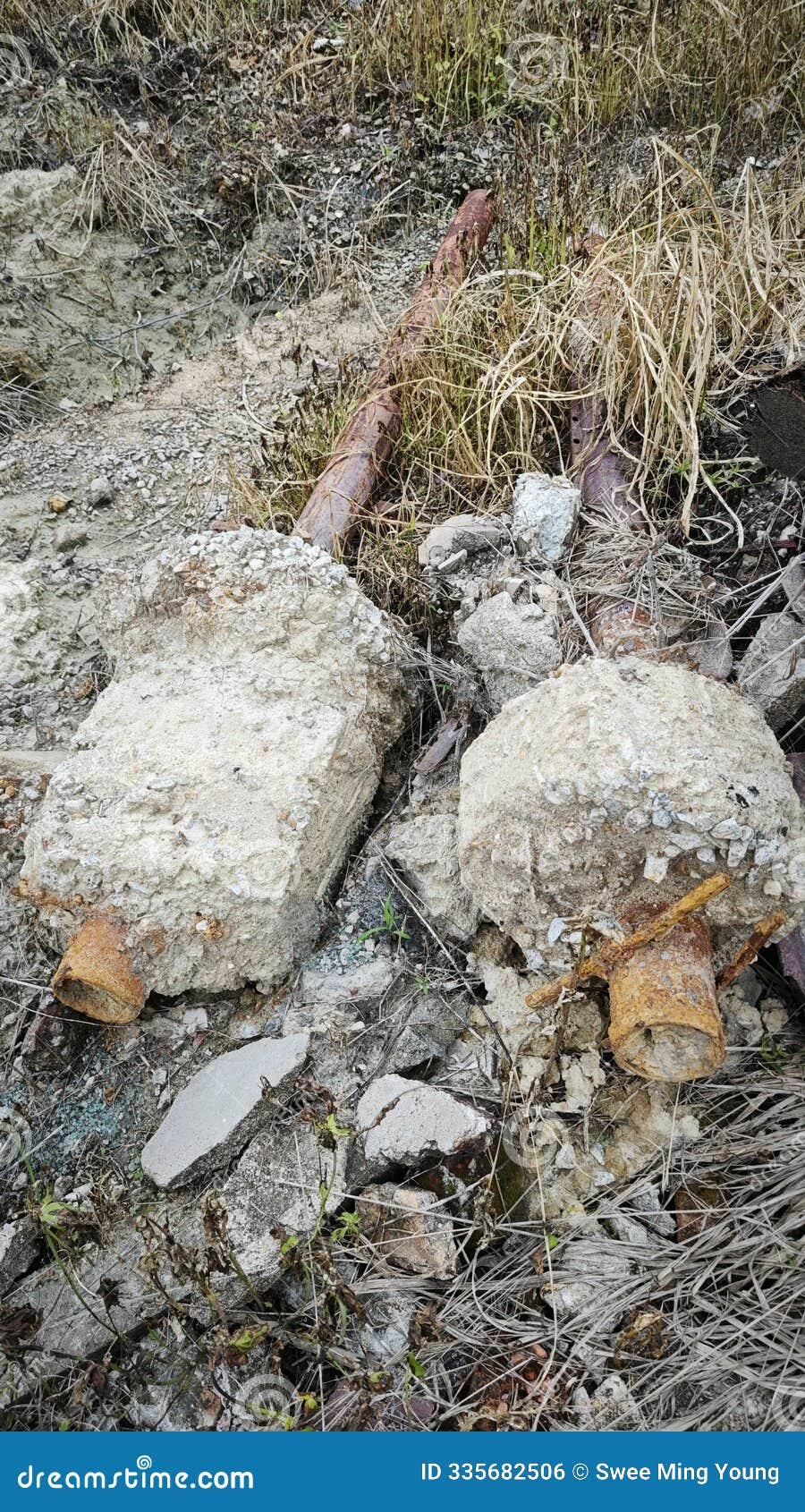 Collapsed or Pull Out Rusty Metal Pole Precast Concrete Base Foundation ...