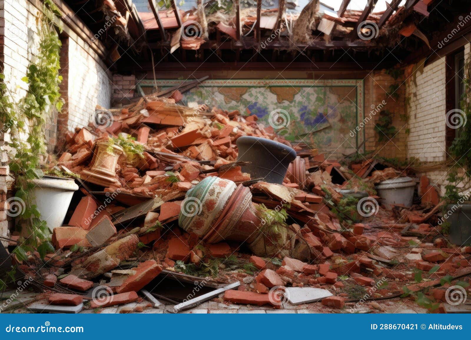 Collapsed Roof with Shattered Tiles and Debris Stock Image - Image of ...