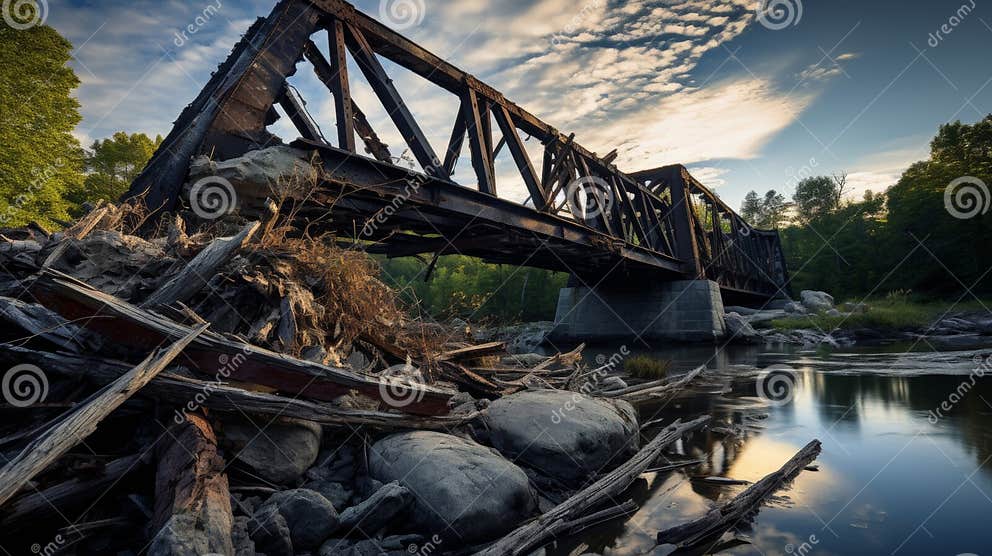 Collapsing Forgotten Bridge Spanning River, Silent Decay Stock ...