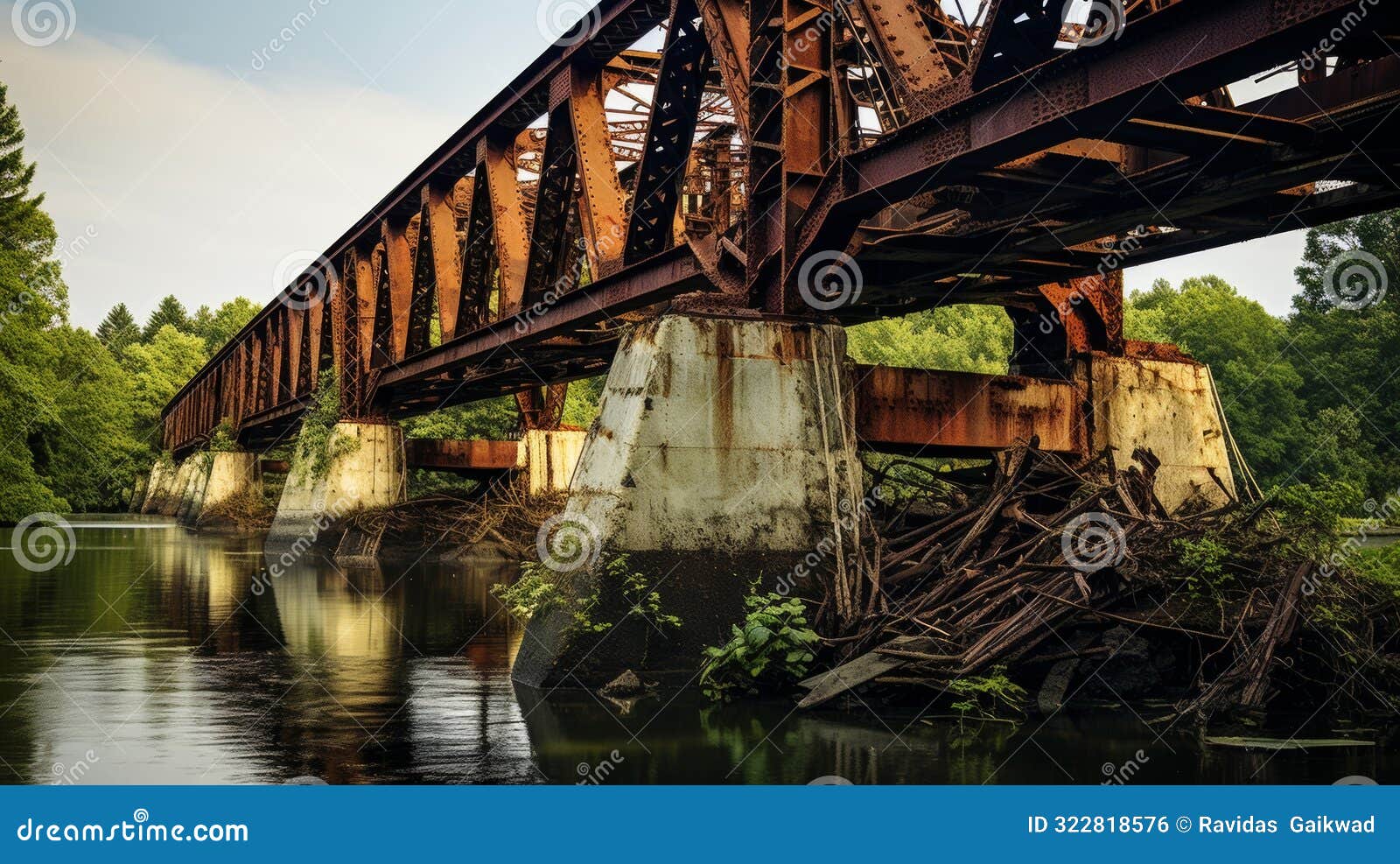 Collapsing Rusted Railway Bridge, Forgotten Tracks Stock Illustration ...