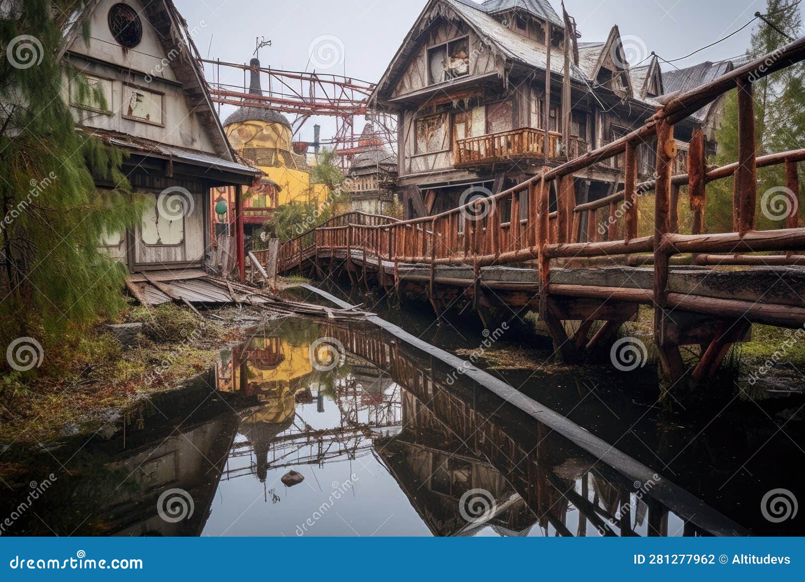 A Collapsing Wooden Bridge in an Abandoned Theme Park Stock ...