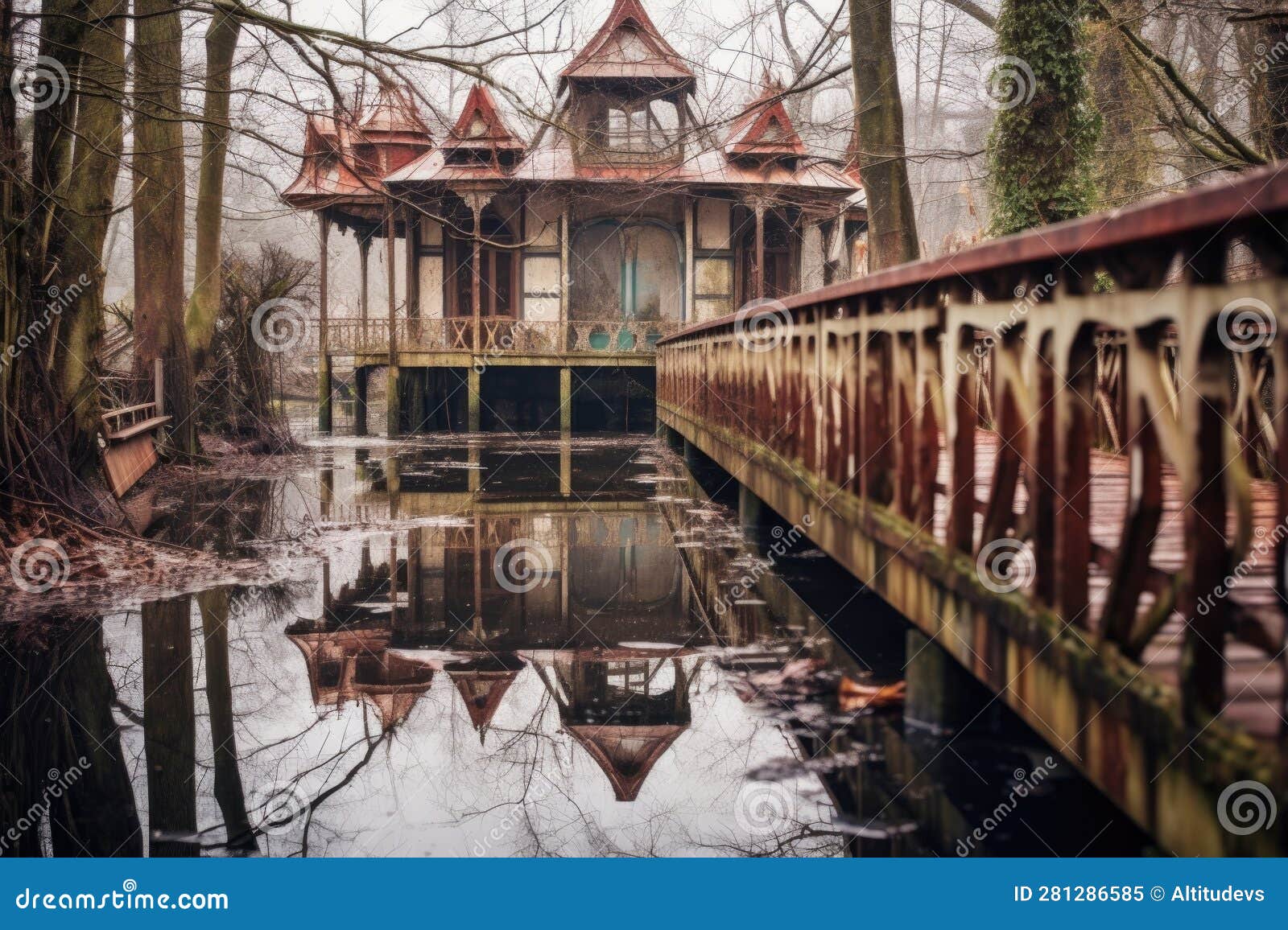 A Collapsing Wooden Bridge in an Abandoned Theme Park Stock ...