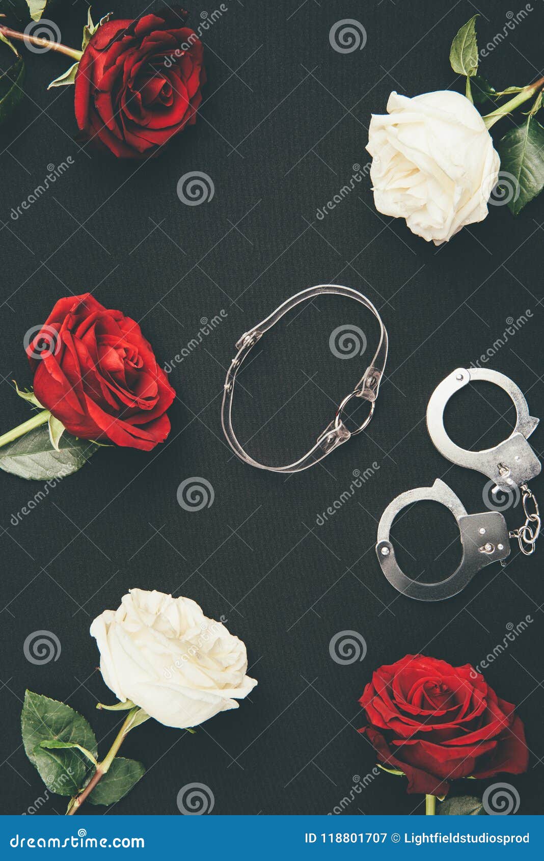 Collar and Handcuffs with Rose Flowers Isolated on Black Stock Image ...