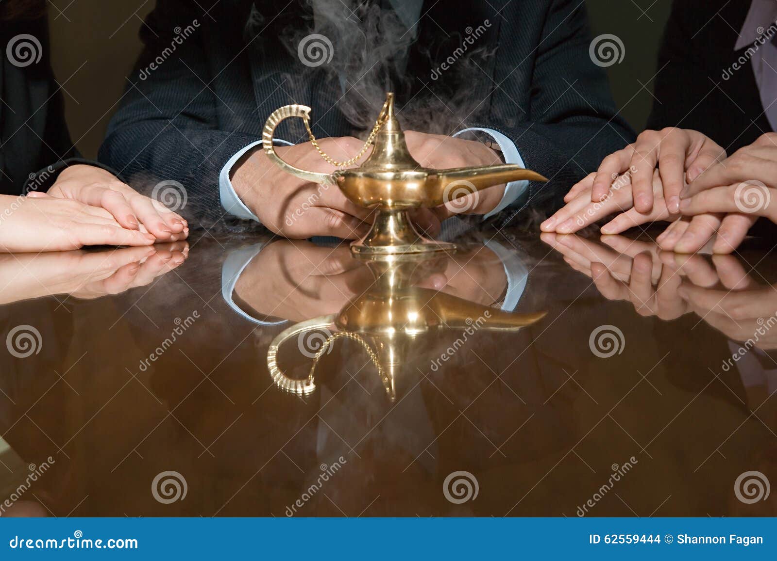 Colleagues Around a Smoking Genie Lamp Stock Photo - Image of female ...