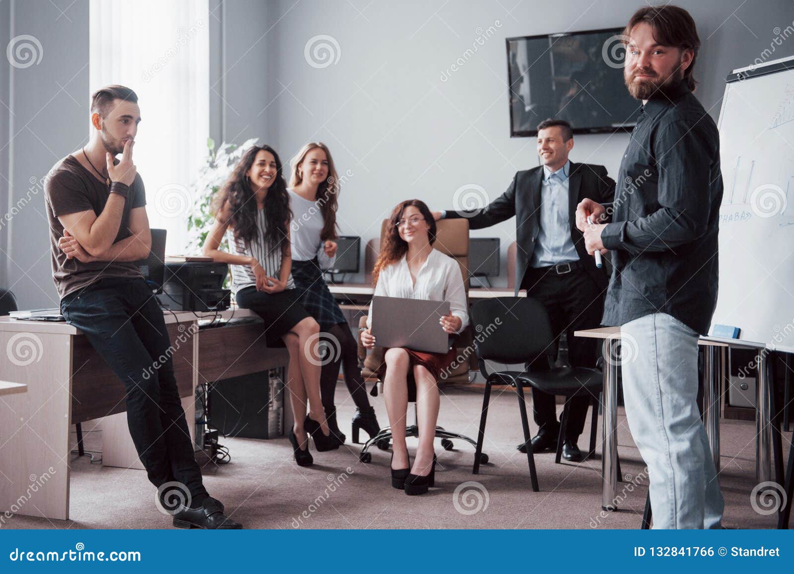 Colleagues Communicate with Work Questions in Modern Office Space ...