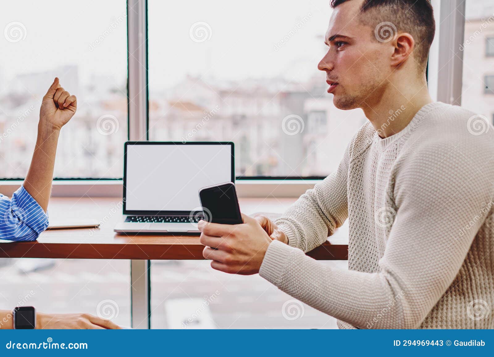 Colleagues Communicating with Each Other between Computer with Blank ...