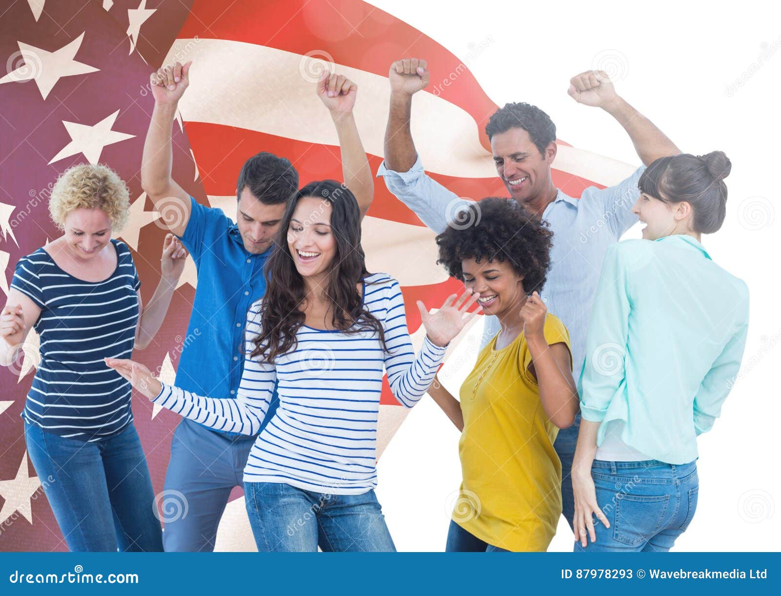 Colleagues Dancing Against American Flag In Background Royalty-Free ...