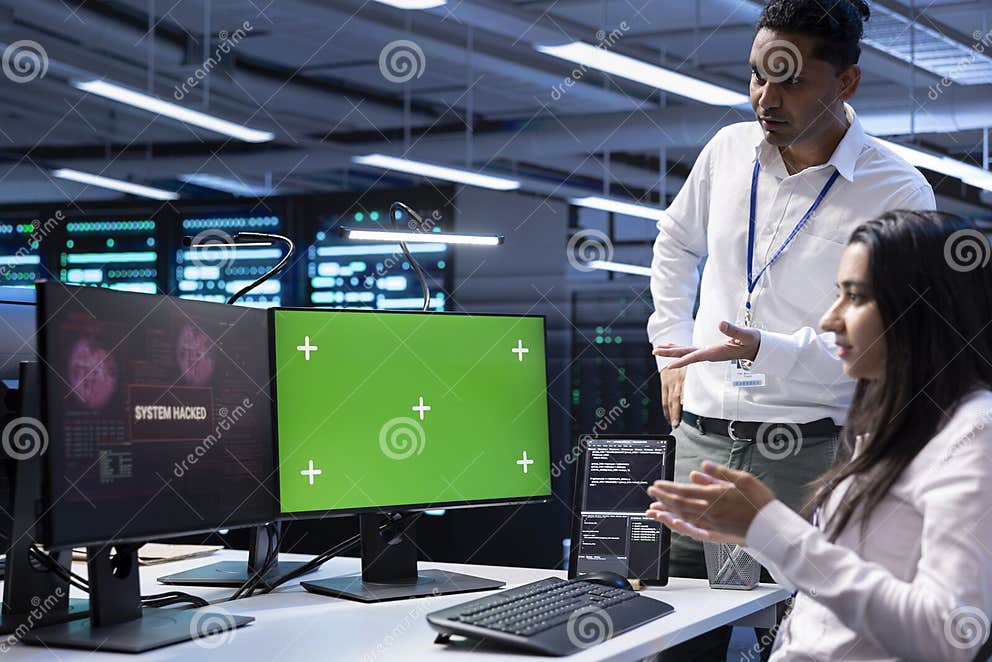 Colleagues in Data Center Trying To Fix Security Breach Alert on Mockup ...