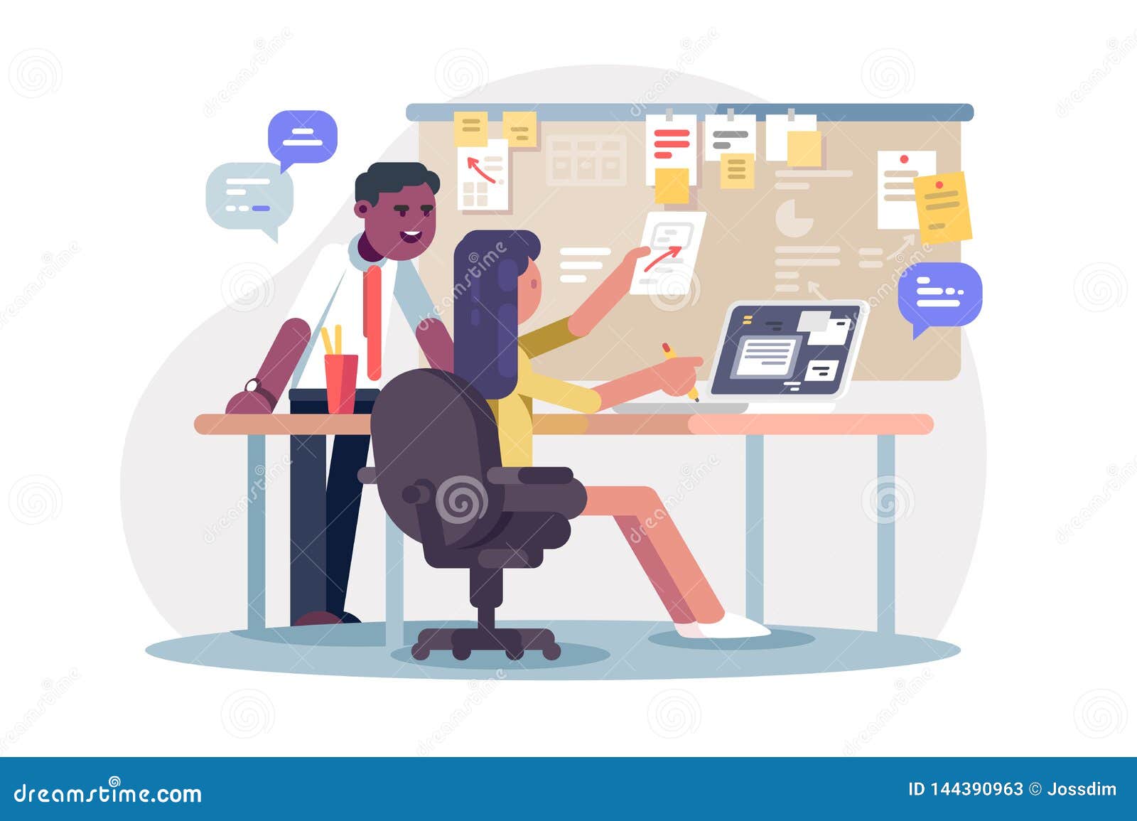 Work Process, Tasks Reviewing And Verification Vector Illustration. Two ...