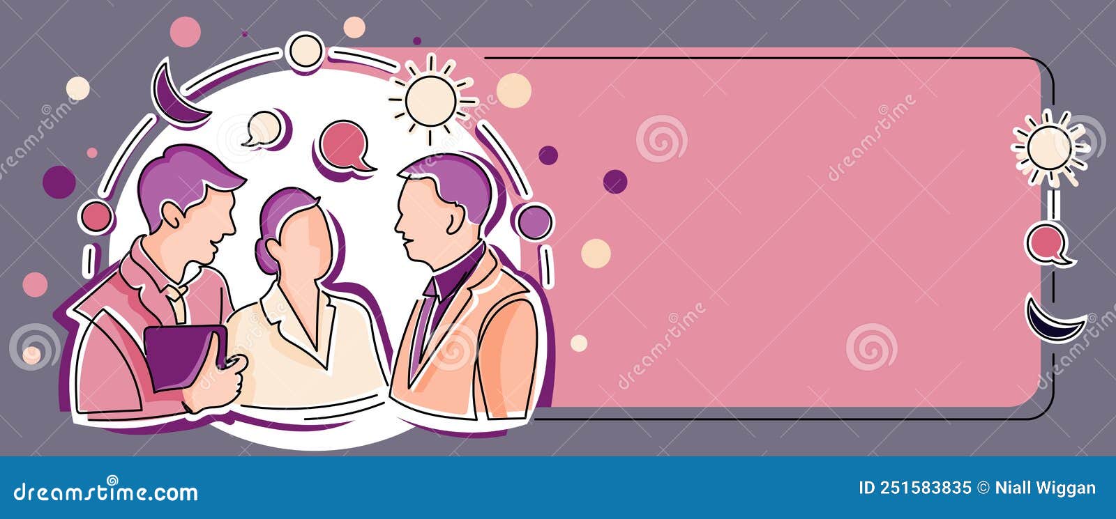 Three Colleagues Standing Sharing Thoughts Together with Speech Bubbles ...