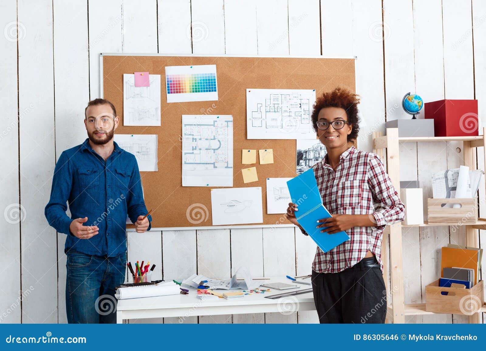 Colleagues Smiling, Speaking, Discussing Drawings, New Ideas. Office ...