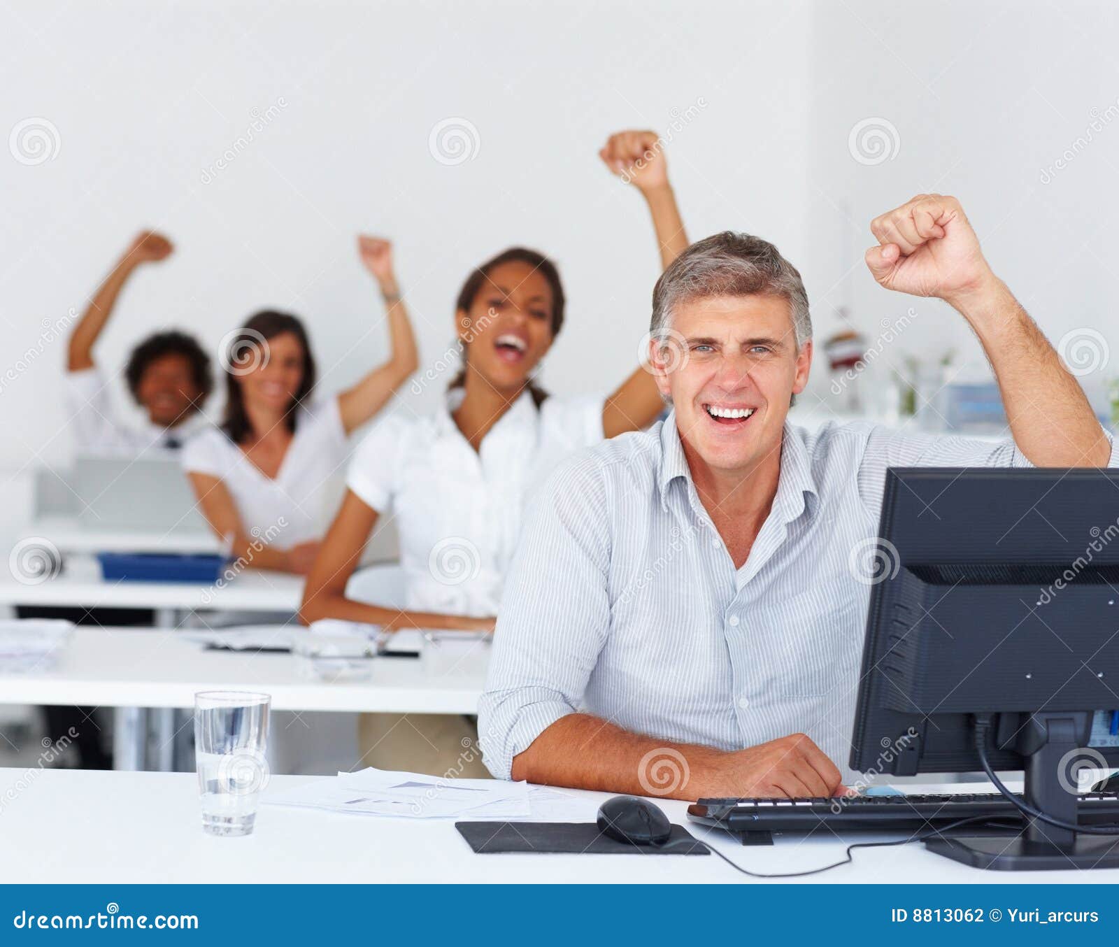 Colleagues at Work with Their Hands Raised Stock Photo - Image of girls ...