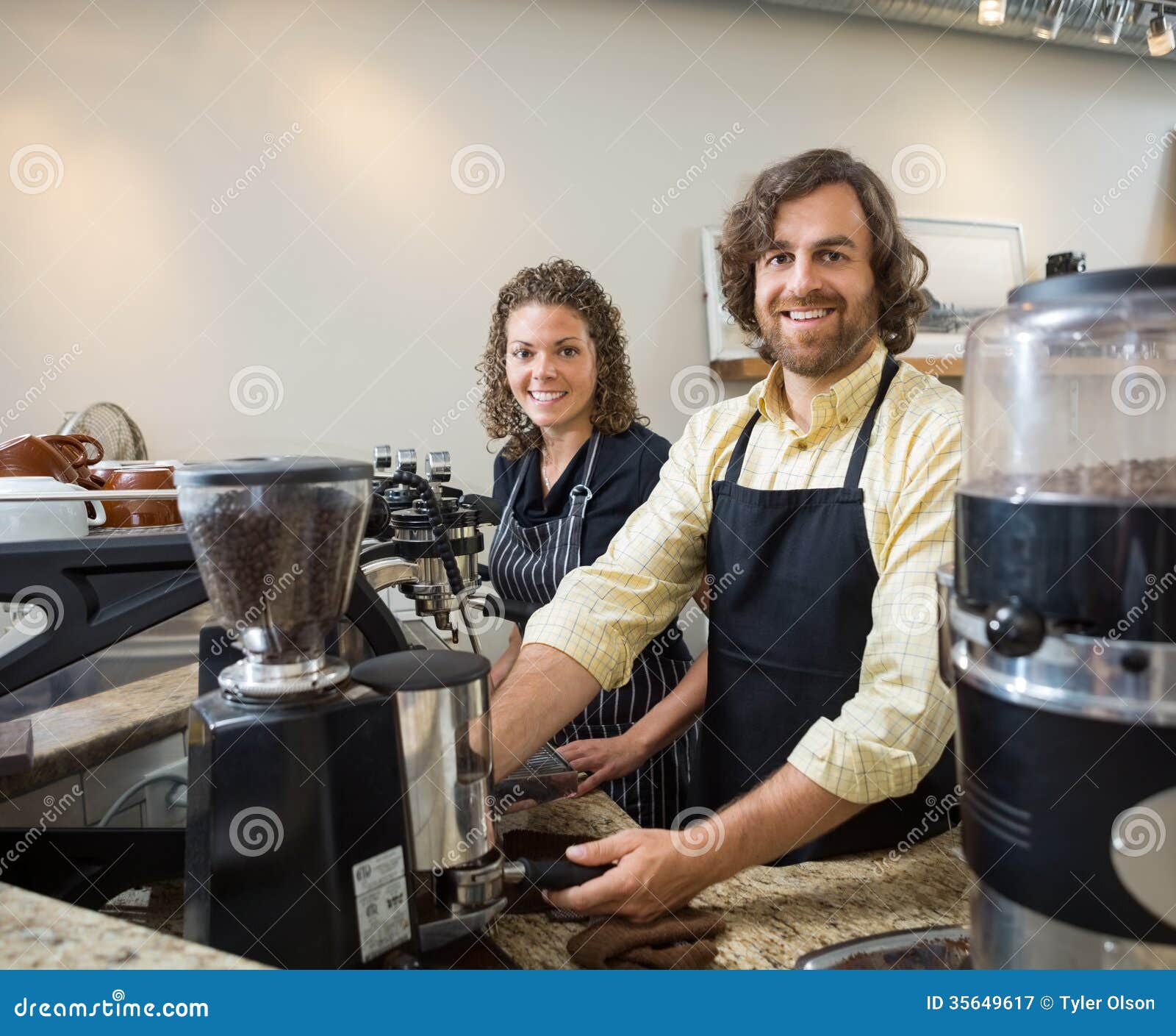 Colleagues Working in Coffeeshop Stock Image - Image of modern, owner ...