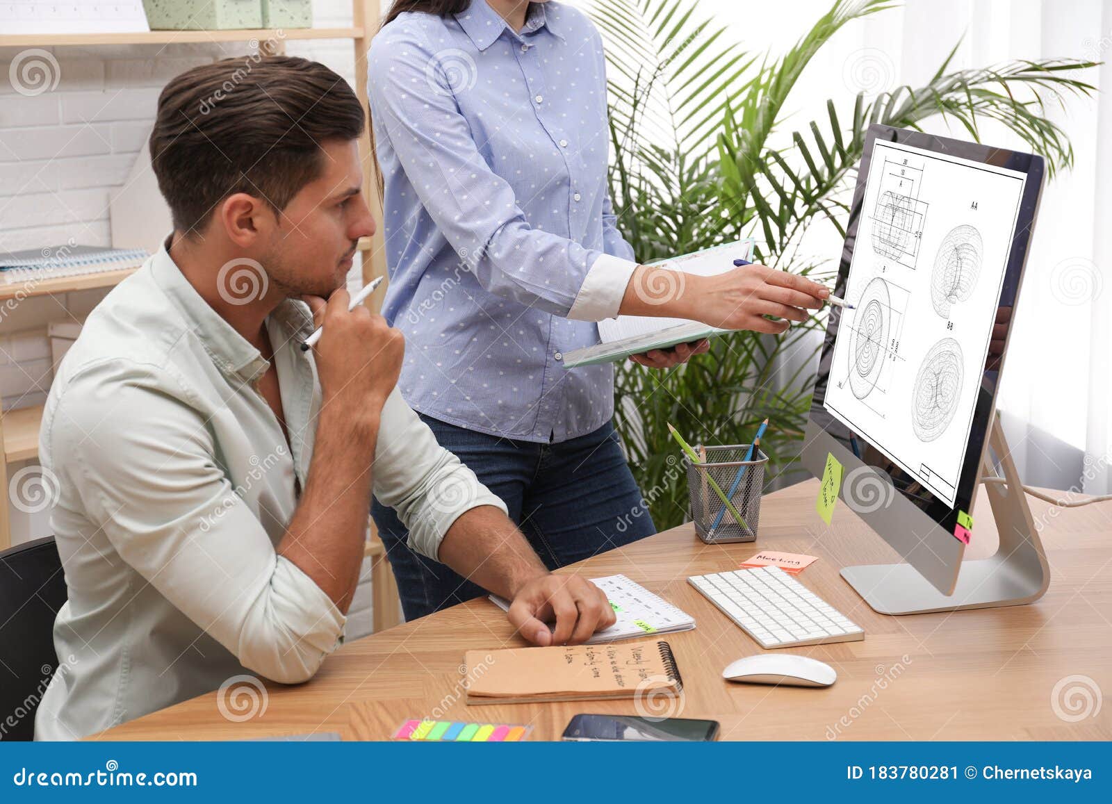 Colleagues Working with Technical Drawing on Computer Stock Image ...