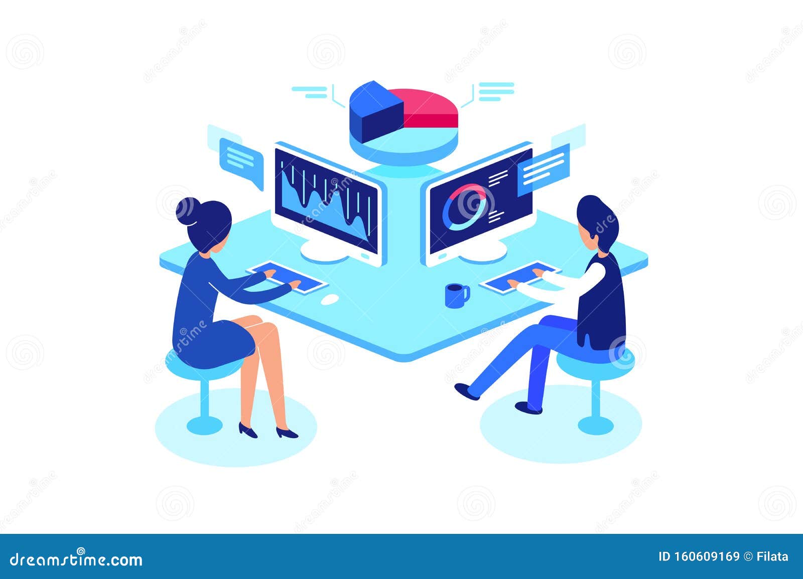Colleagues Working in Workplace, Isometric Style, Illustration Stock ...