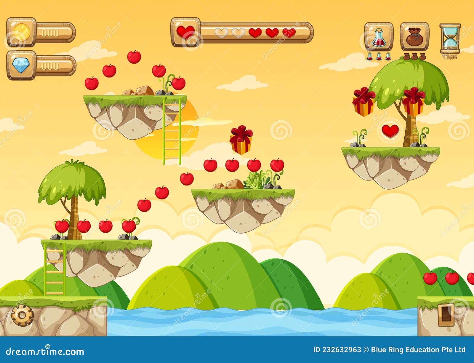 Collecting Apples Platformer Game Template Vector Illustration ...