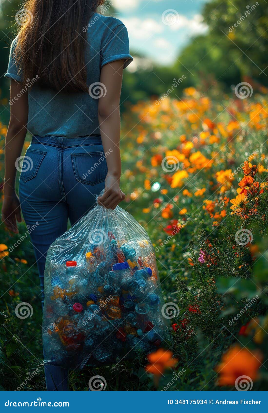 Collecting Plastic Waste into a Recycling Bag, in a Park. Stock Photo ...