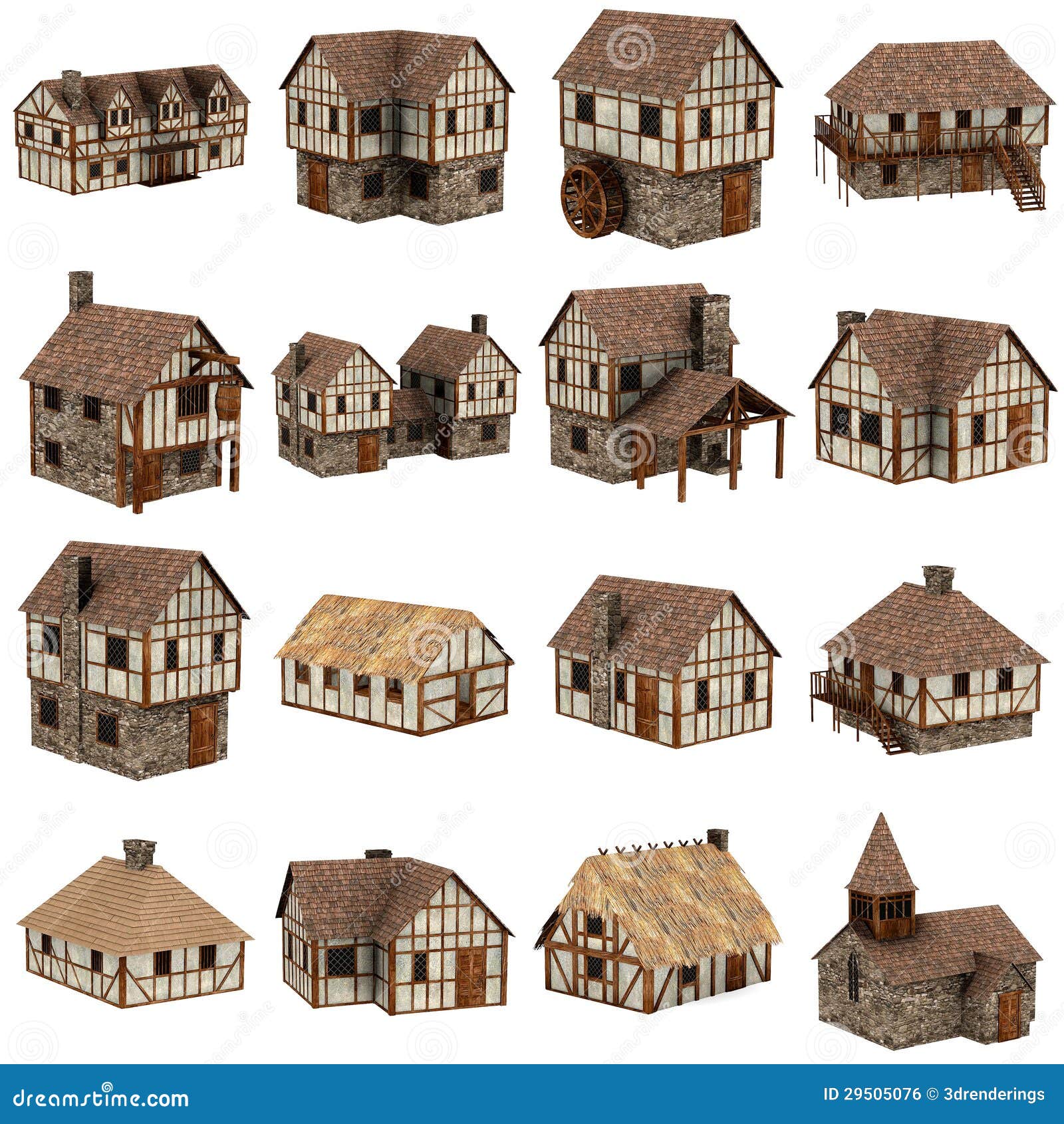 Collection of 16 Medieval Houses Stock Illustration - Illustration of ...