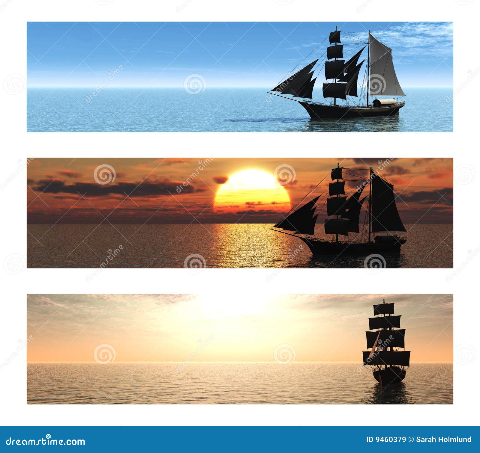 Collection of 3 Banners with Ships at Sea. Stock Illustration ...