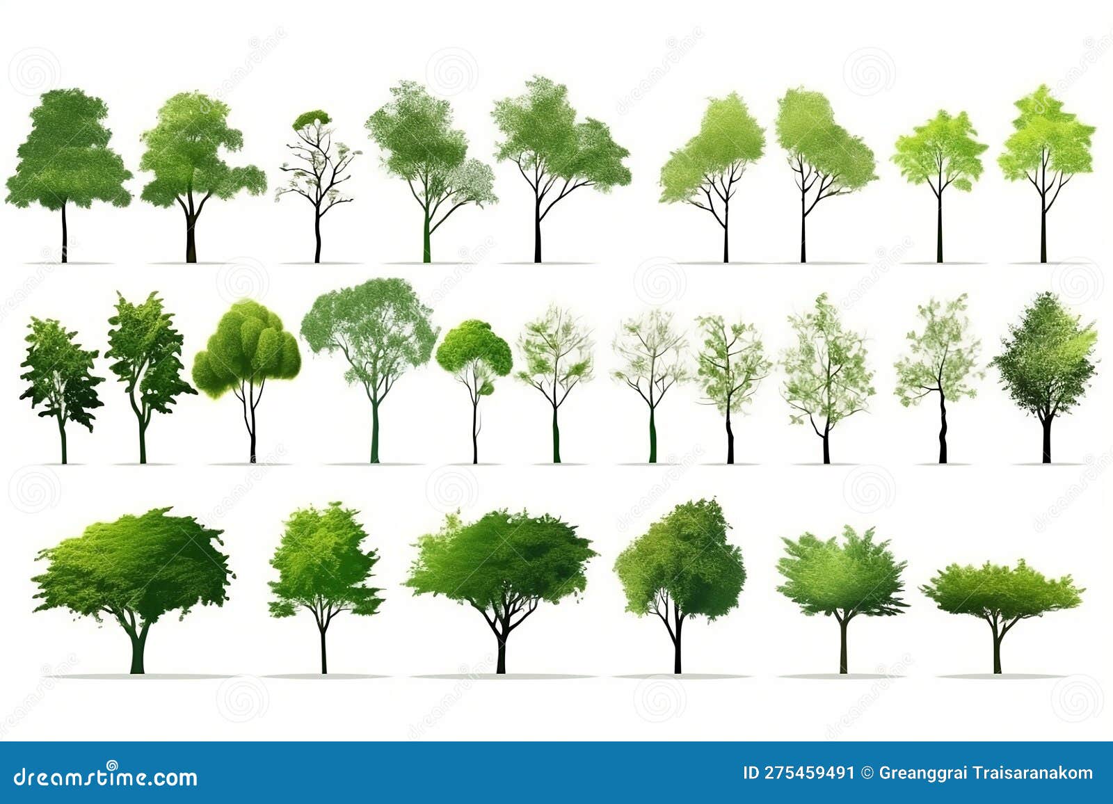 Collection of Abstract Green Tree Side View Isolated on White ...