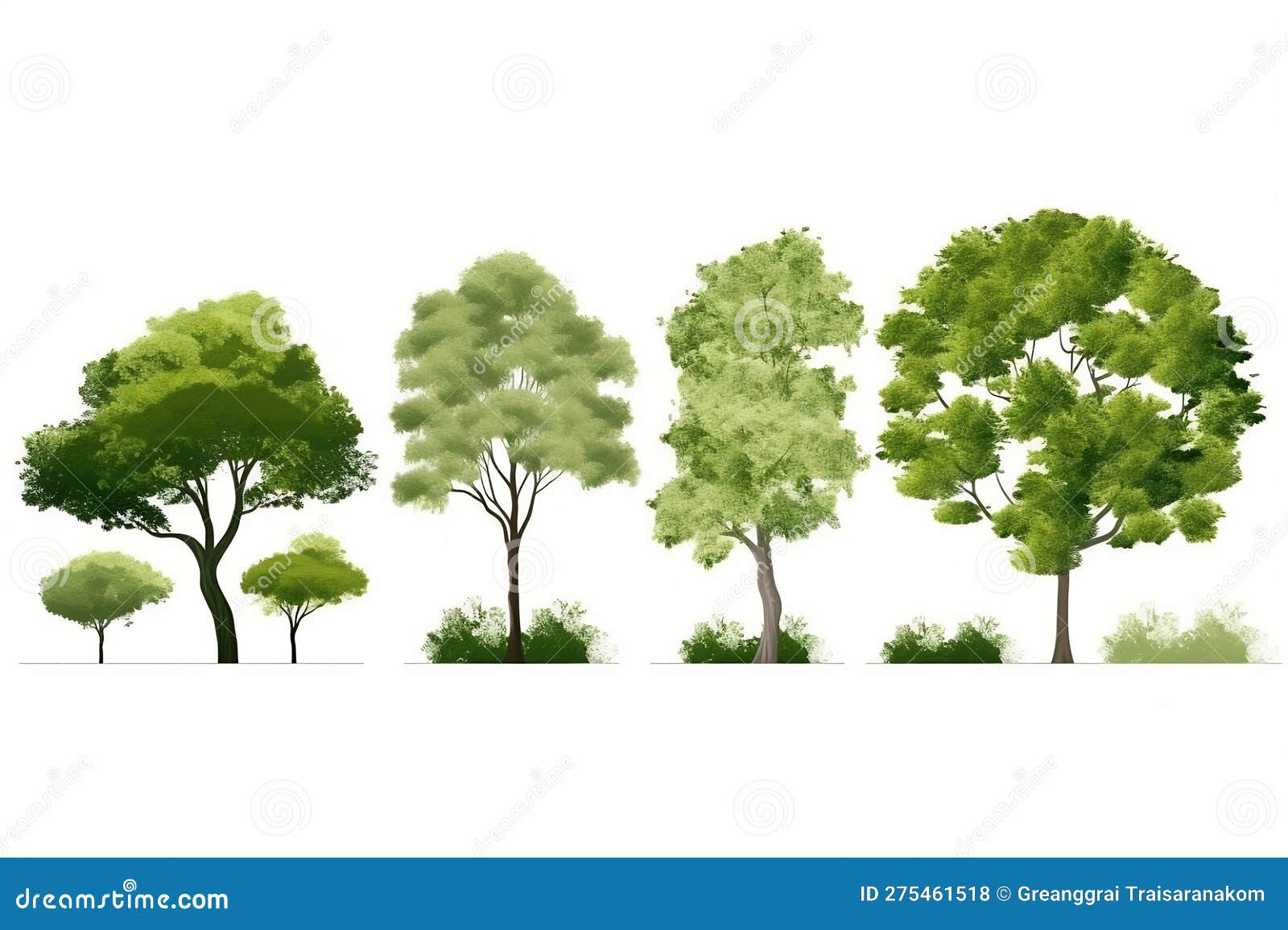 Collection of Abstract Green Tree Side View Isolated on White ...
