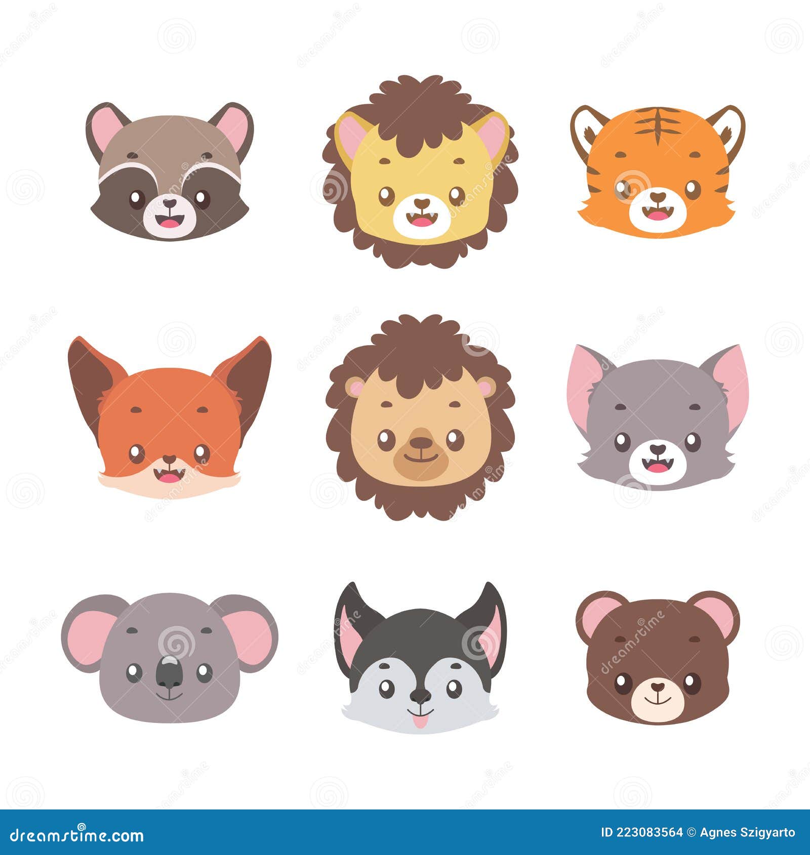 Collection of Adorable Stylized Animal Portraits Stock Vector ...