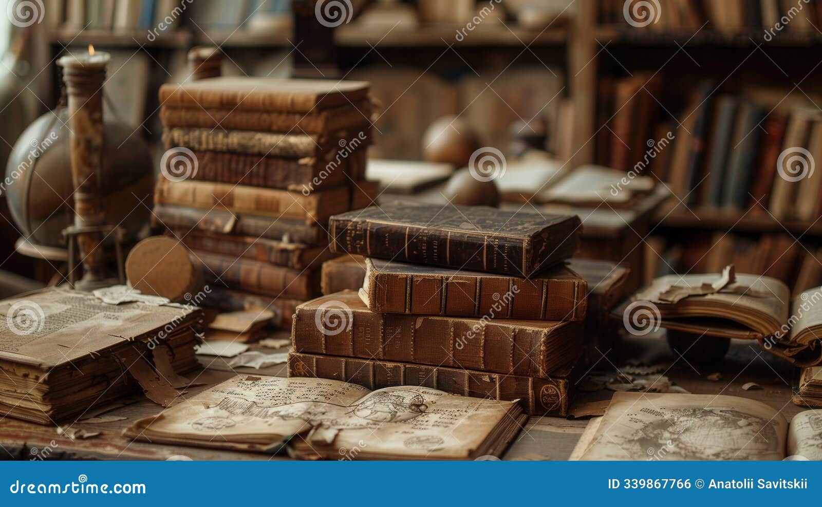 A Collection of Ancient Books and Scrolls Rests on a Table, Surrounded ...