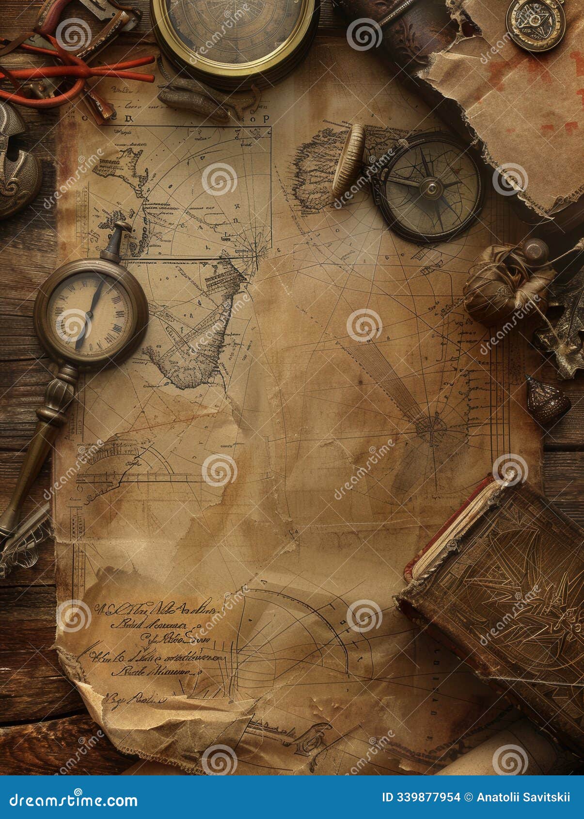 A Collection of Ancient Maps, Scrolls, and Artifacts Arranged on a ...