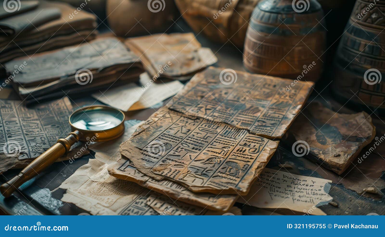 A Collection of Ancient Tablets with Inscriptions, a Magnifying Glass ...