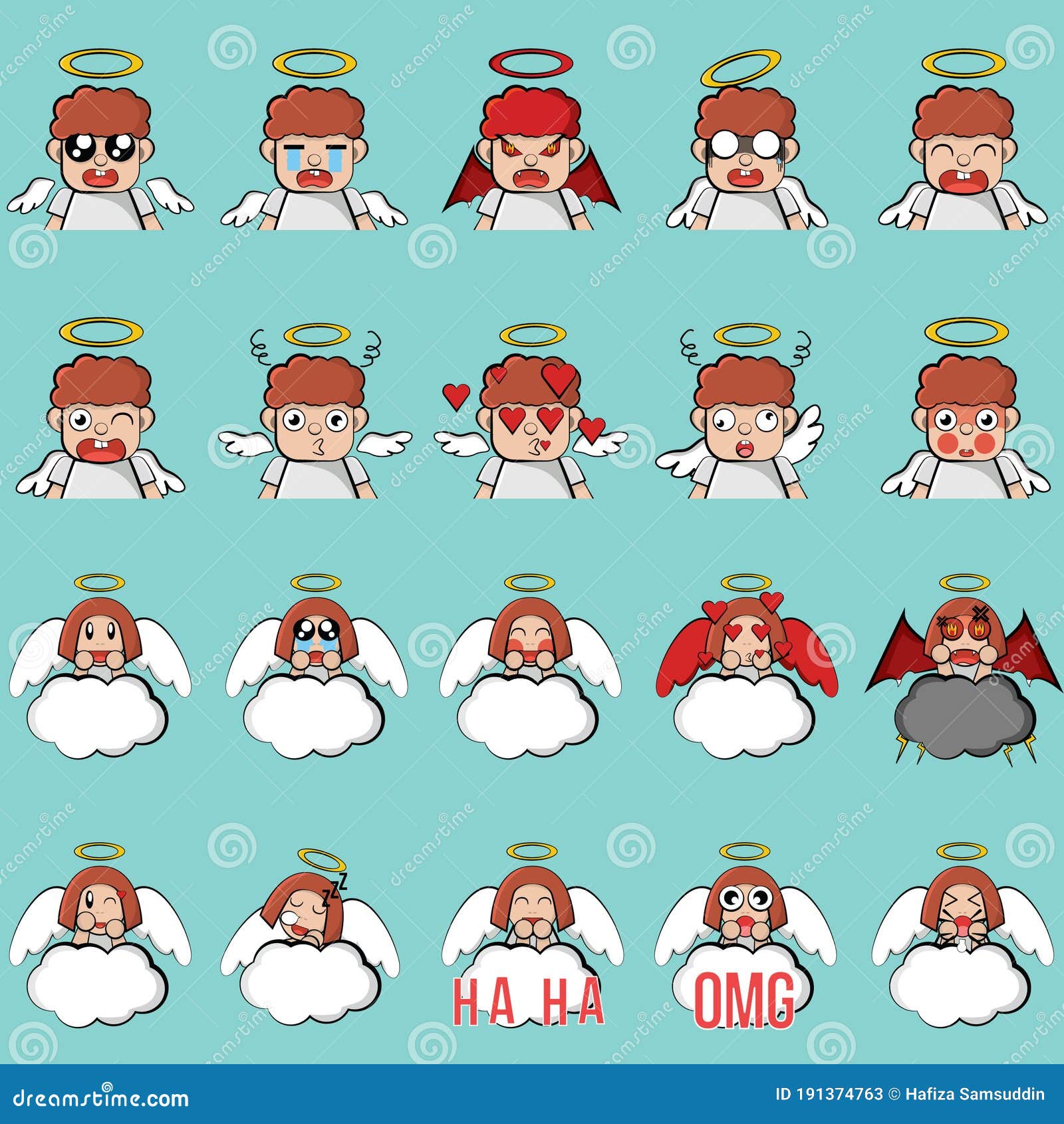 Collection of Angels in Various Emotions. Vector Illustration ...