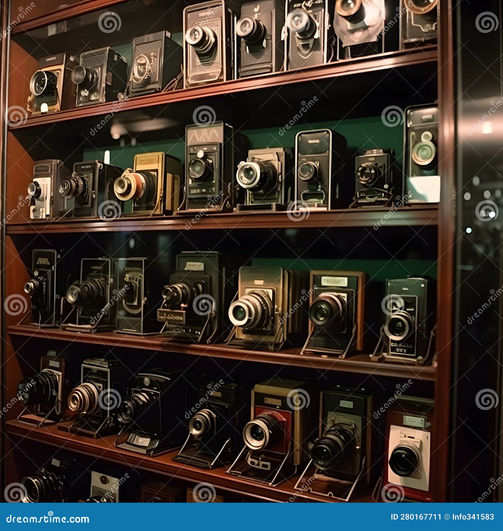 Collection of Antique Cameras in a Display Case Generative AI Stock ...