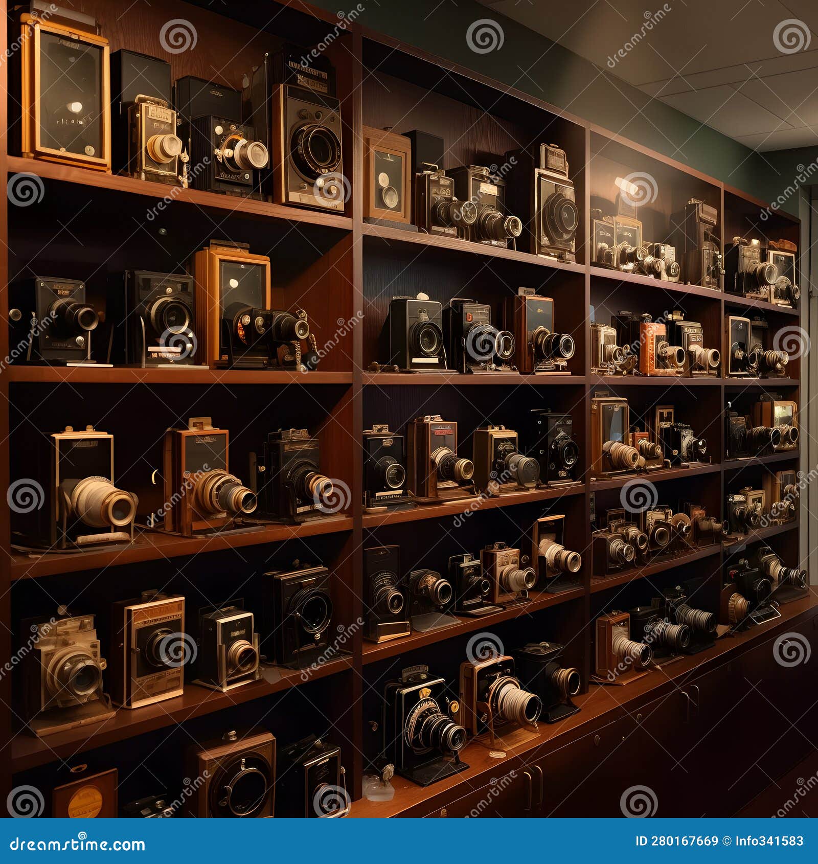Collection of Antique Cameras in a Display Case One Generative AI Stock ...