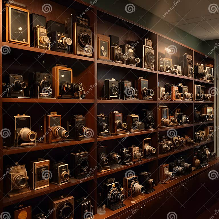 Collection of Antique Cameras in a Display Case One Generative AI Stock ...