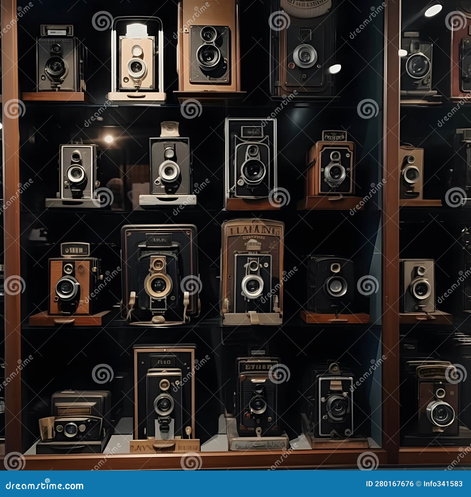 Collection of Antique Cameras in a Display Case Two Generative AI Stock ...