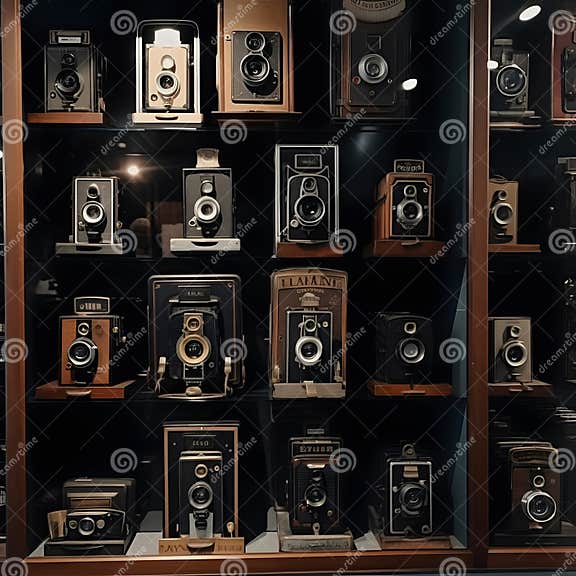 Collection of Antique Cameras in a Display Case Two Generative AI Stock ...