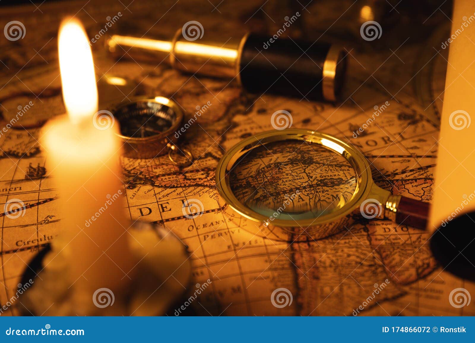 Collection of Antique Objects on Old World Map Stock Photo - Image of ...