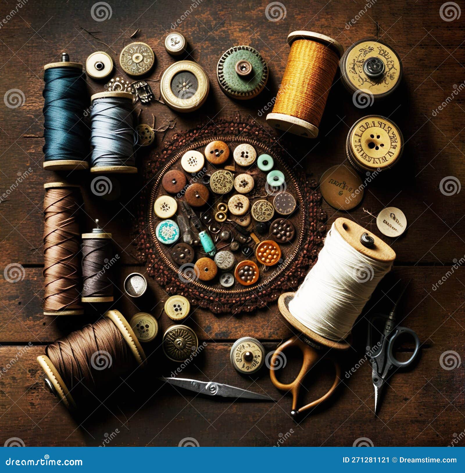 A Collection of Antique Sewing Tools Stock Illustration - Illustration ...