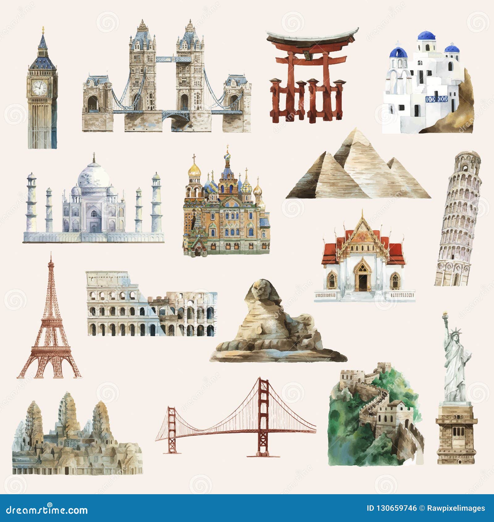 Collection of Architectural Landmarks Painted by Watercolor Stock ...