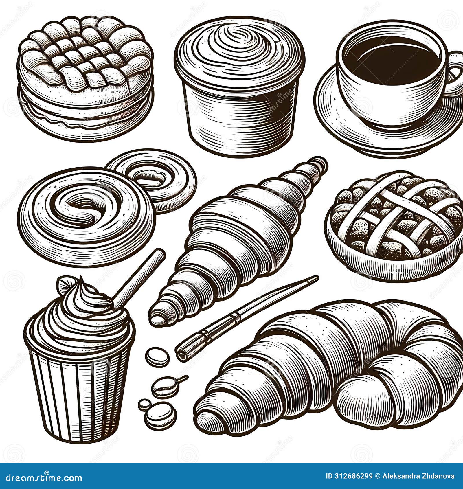 Collection of Baked Goods, Different Pastries Outline Stock ...