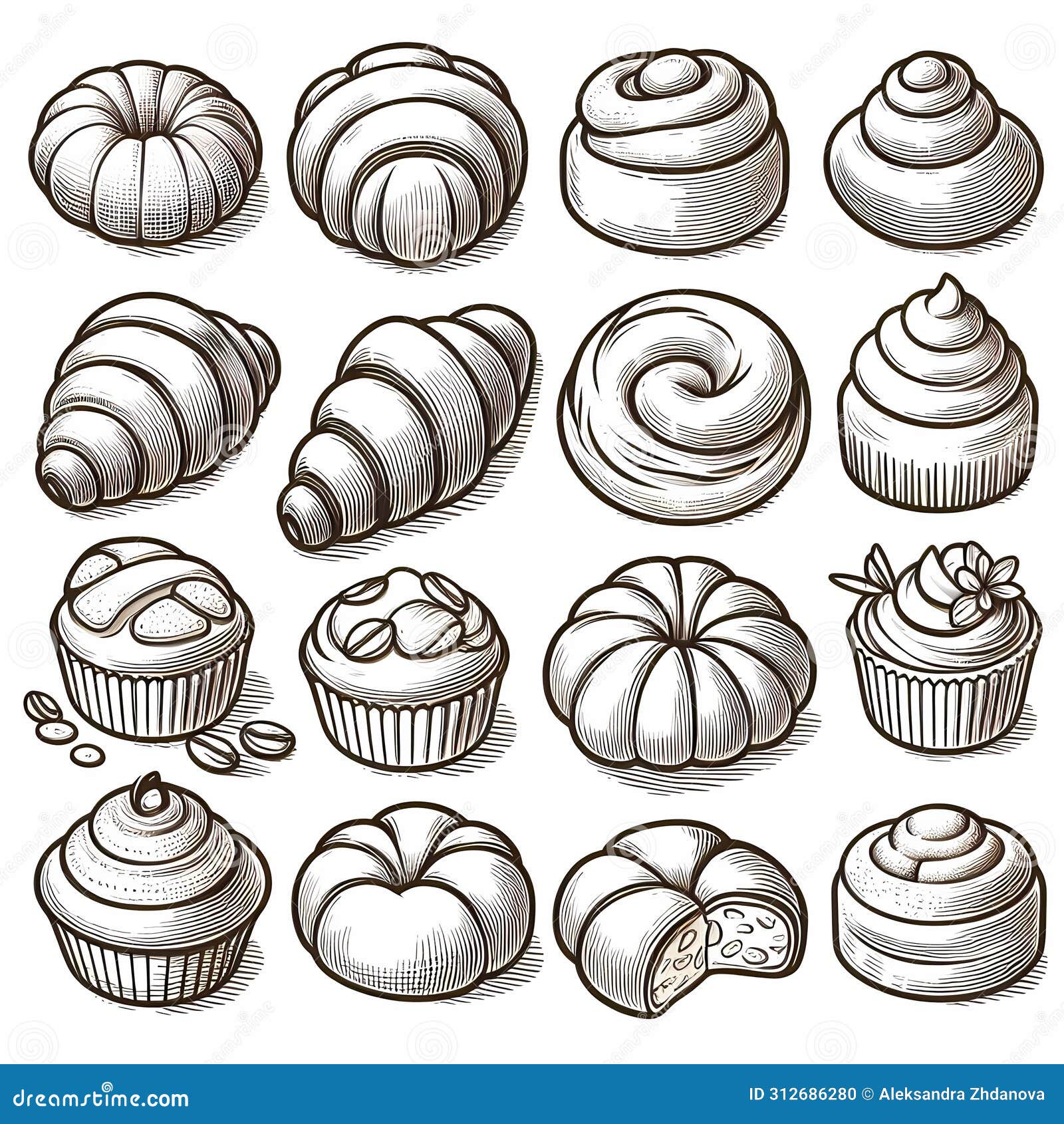 Collection of Baked Goods, Different Pastries Outline Stock ...