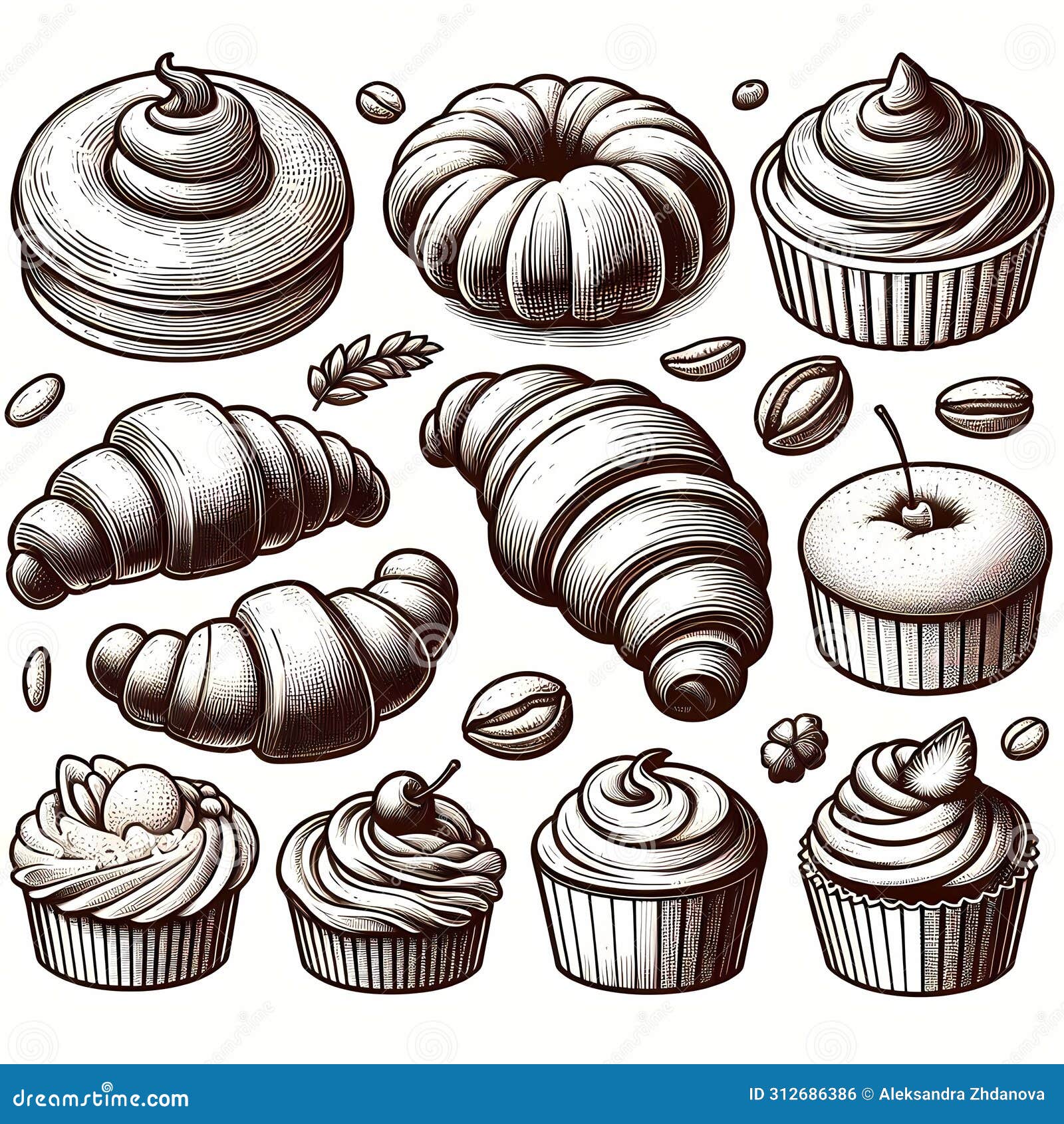 Collection of Baked Goods, Different Pastries Outline Stock ...